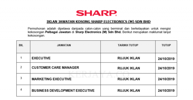 Sharp Electronics ~ Pelbagai Kekosongan Jawatan – KERJAYA