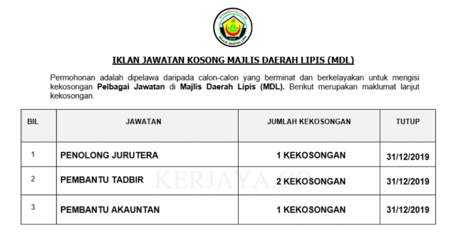 Majlis Daerah Lipis ~ Kekosongan Jawatan Pentadbiran & Pengurusan – KERJAYA