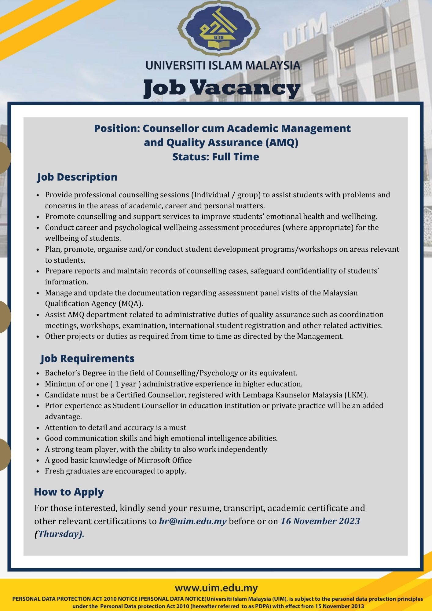 Iklan Jawatan Kosong Universiti Islam Malaysia (USIM) – KERJAYA