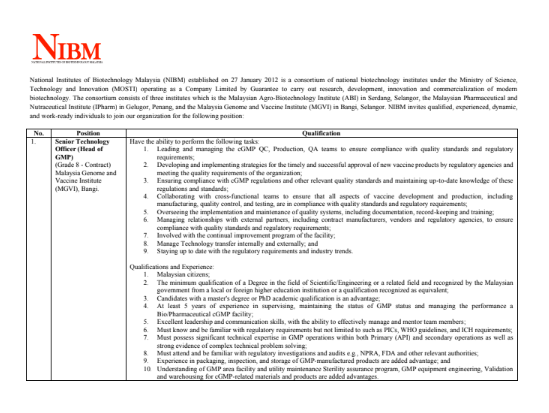 Iklan Jawatan National Institutes of Biotechnology Malaysia (NIBM ... Iklan Jawatan National Institutes of Biotechnology Malaysia (NIBM ...