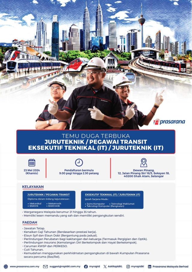 Iklan Temuduga Terbuka Prasarana Malaysia Berhad • Kerja Kosong Kerajaan & Swasta
