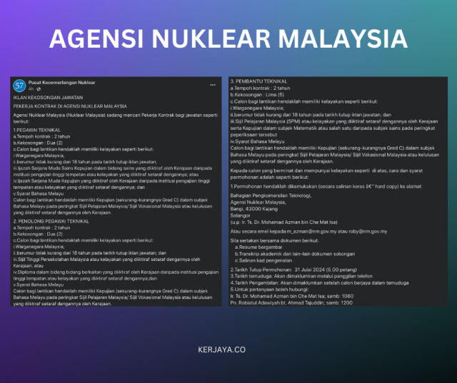 Iklan Jawatan Agensi Nuklear Malaysia • Kerja Kosong Kerajaan & Swasta