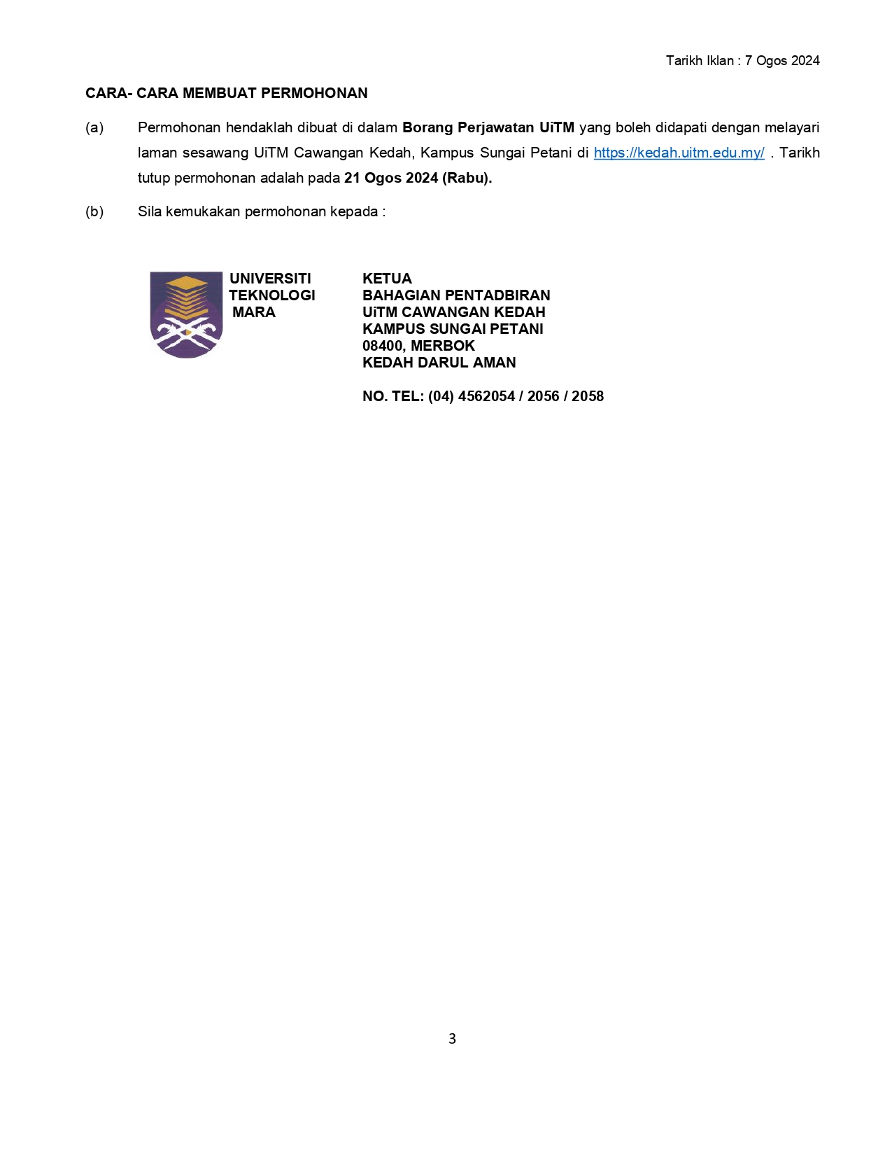 Iklan Jawatan Universiti Teknologi Mara (UiTM) Cawangan Kedah • Kerja ...