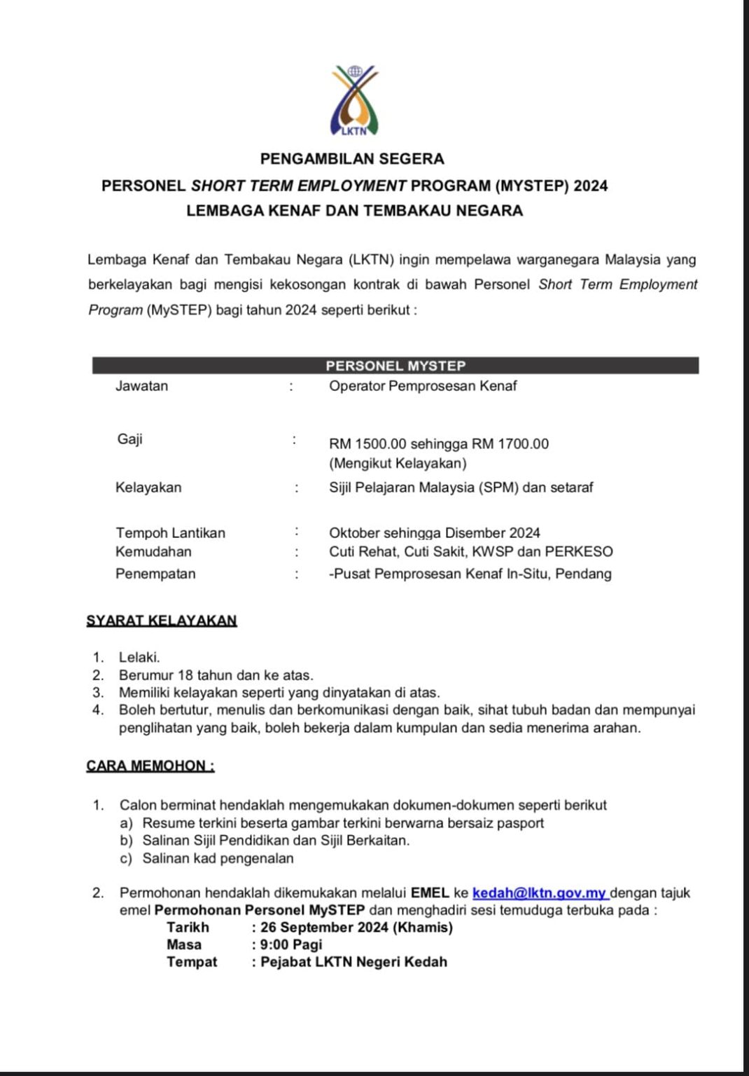 Iklan Jawatan Lembaga Kenaf Dan Tembakau Negara (LKTN) • Kerja Kosong ...