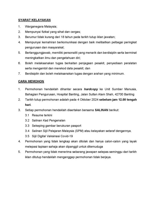 Iklan Jawatan Hospital Banting – KERJAYA