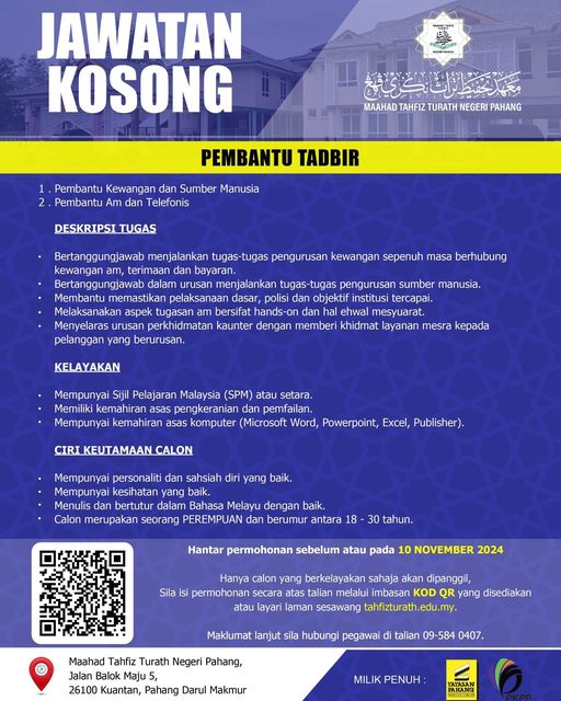 Iklan Jawatan Maahad Tahfiz Turath Negeri Pahang (MTTNP) • Kerja Kosong ...