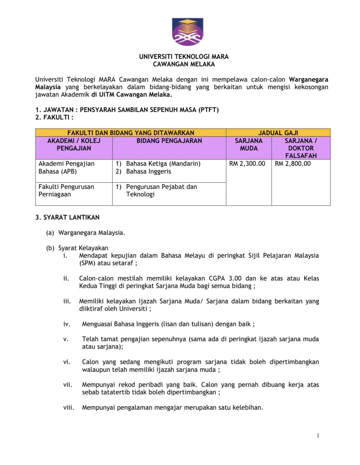 Iklan Jawatan Universiti Teknologi Mara (UiTM) Cawangan Melaka – KERJAYA