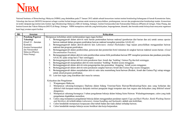 Iklan Jawatan National Institutes Of Biotechnology Malaysia (NIBM ... Iklan Jawatan National Institutes Of Biotechnology Malaysia (NIBM ...