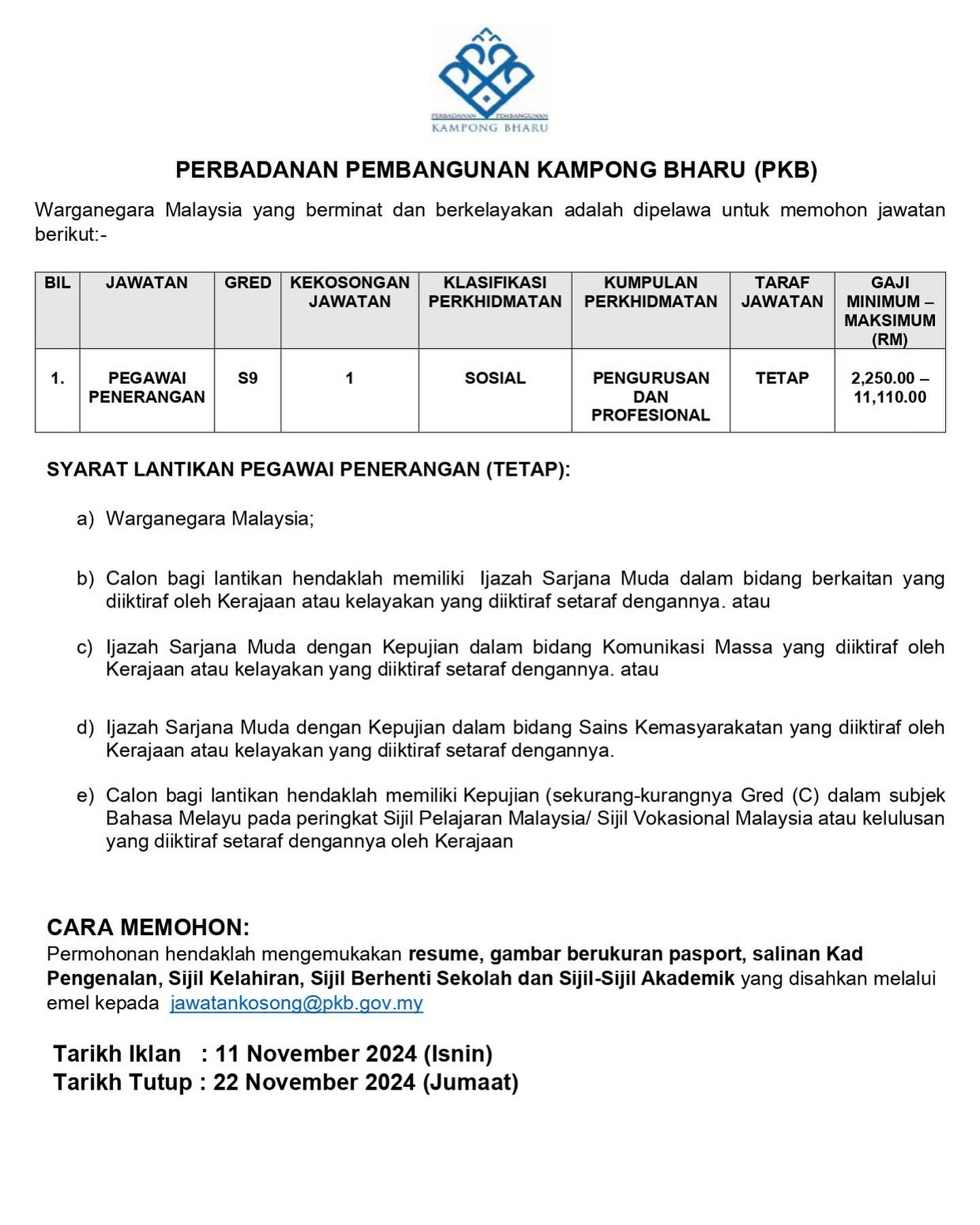 Iklan Jawatan Perbadanan Pembangunan Kampong Bharu (PKB) • Kerja Kosong ...