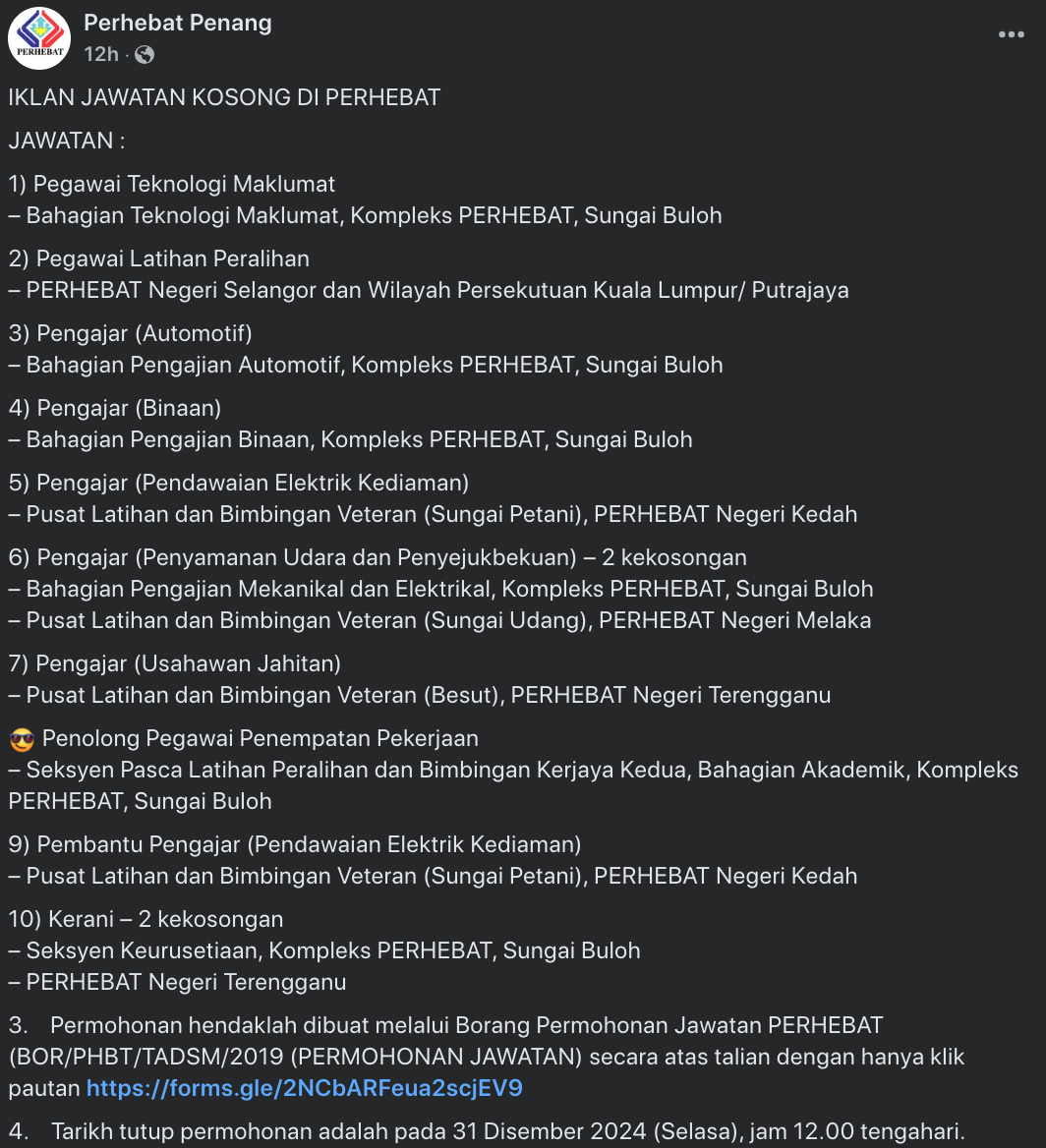 Iklan Jawatan Perbadanan Hal Ehwal Bekas Angkatan Tentera (PERHEBAT ...