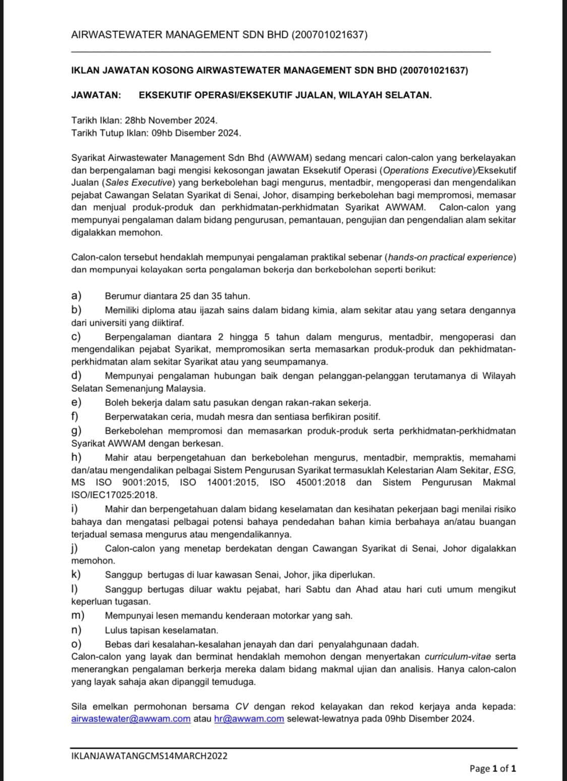 Iklan Jawatan Airwastewater Management Sdn Bhd • Kerja Kosong Kerajaan & Swasta