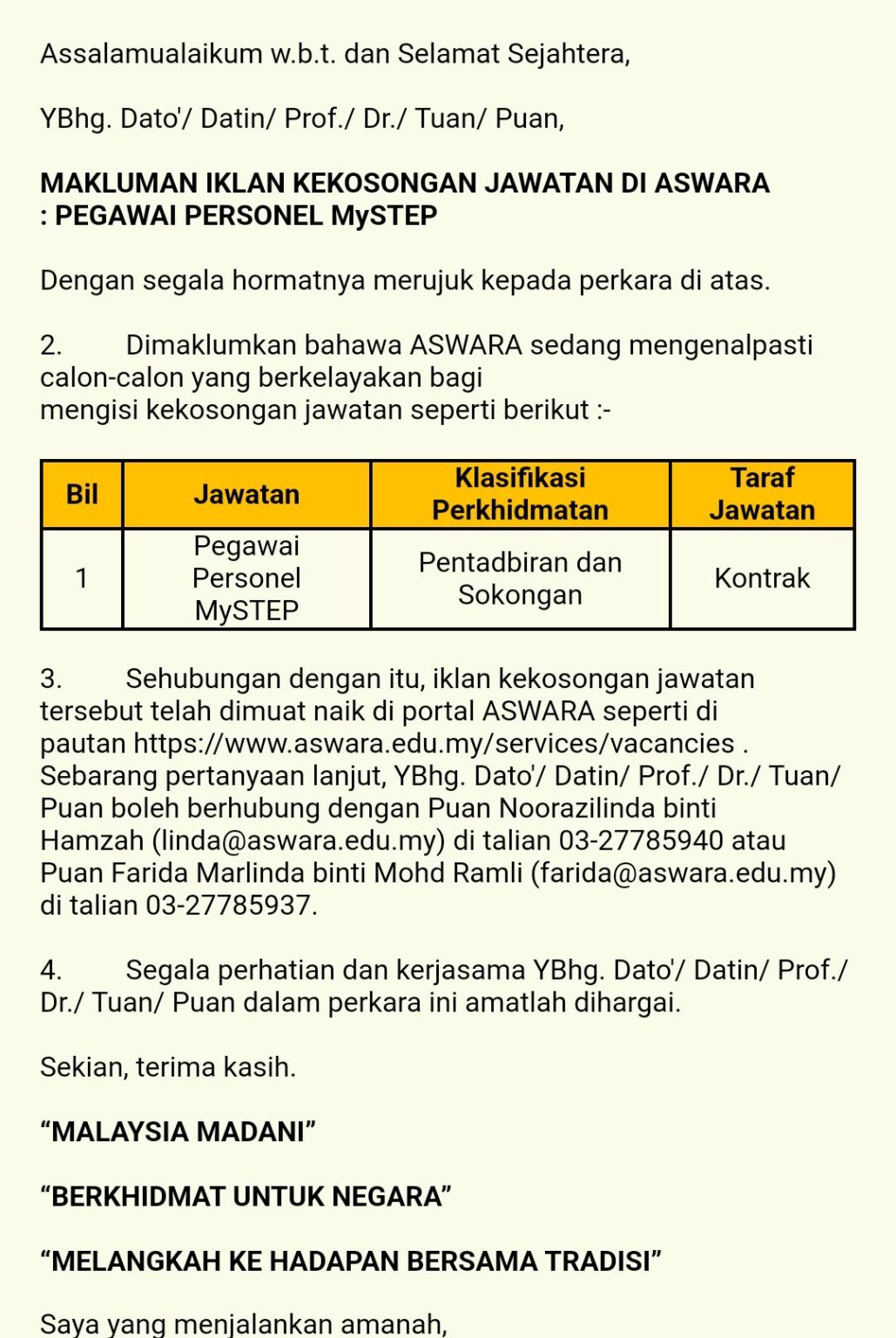 Iklan Jawatan Akademi Seni Budaya Dan Warisan Kebangsaan (ASWARA) – KERJAYA