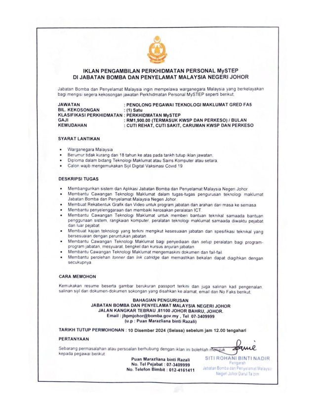 Iklan Jawatan Jabatan Bomba Dan Penyelamat Malaysia – KERJAYA