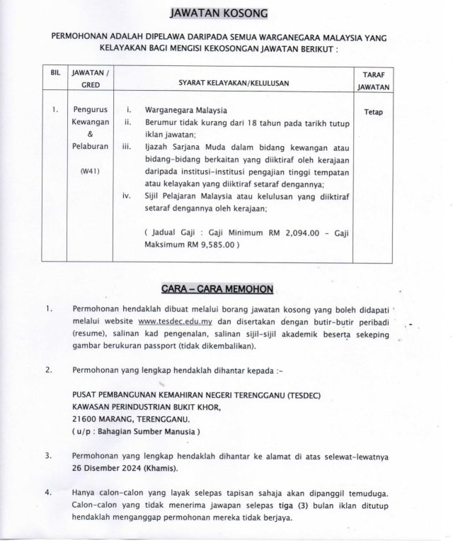 Iklan Jawatan Terengganu Skills Development Center (TESDEC) – KERJAYA