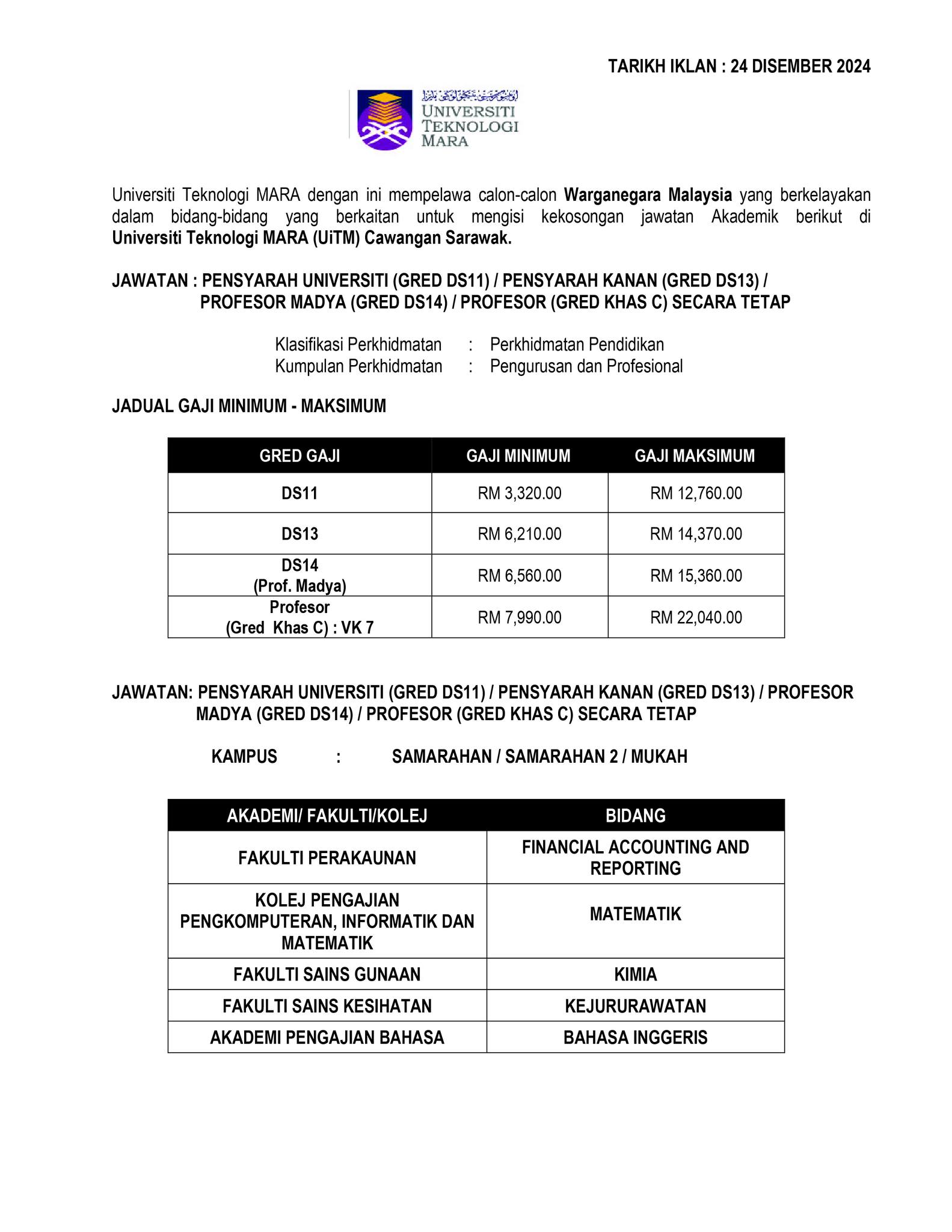 Iklan Jawatan Universiti Teknologi Mara (UiTM) Sarawak • Kerja Kosong ...