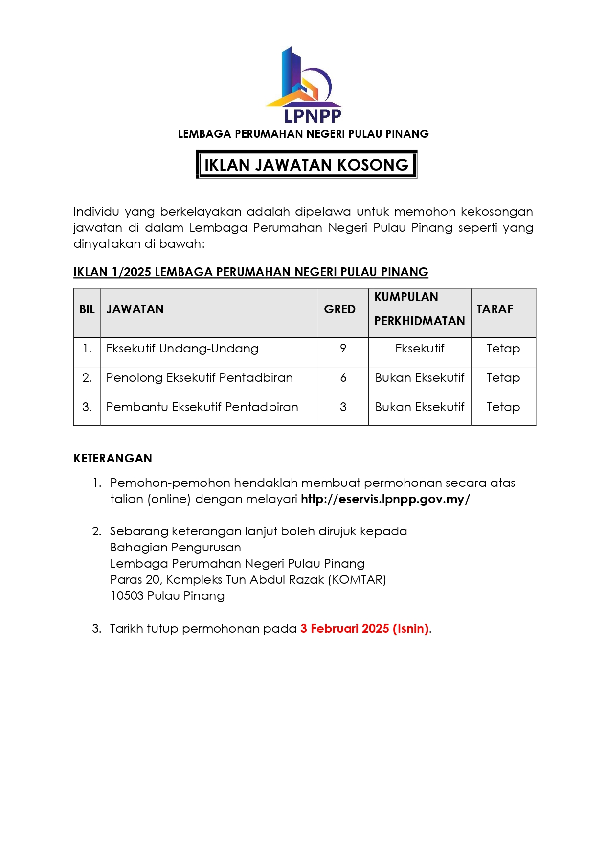 Iklan Jawatan Lembaga Perumahan Negeri Pulau Pinang (LPNPP) • Kerja ...