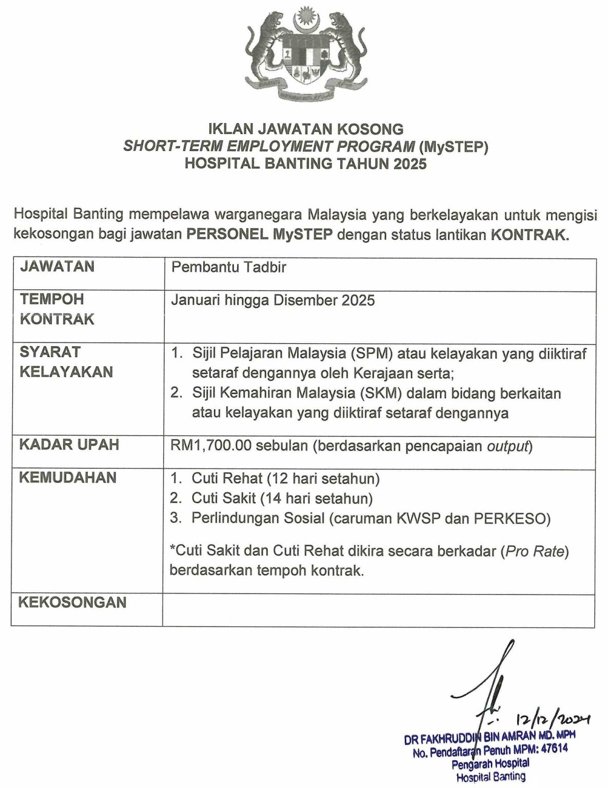 Iklan Jawatan Hospital Banting – KERJAYA