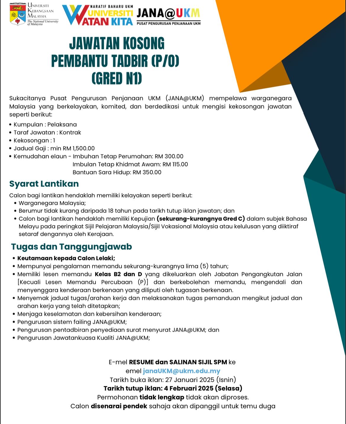 Iklan Jawatan Pusat Pengurusan Penjanaan UKM (JANA@UKM) • Kerja Kosong ...