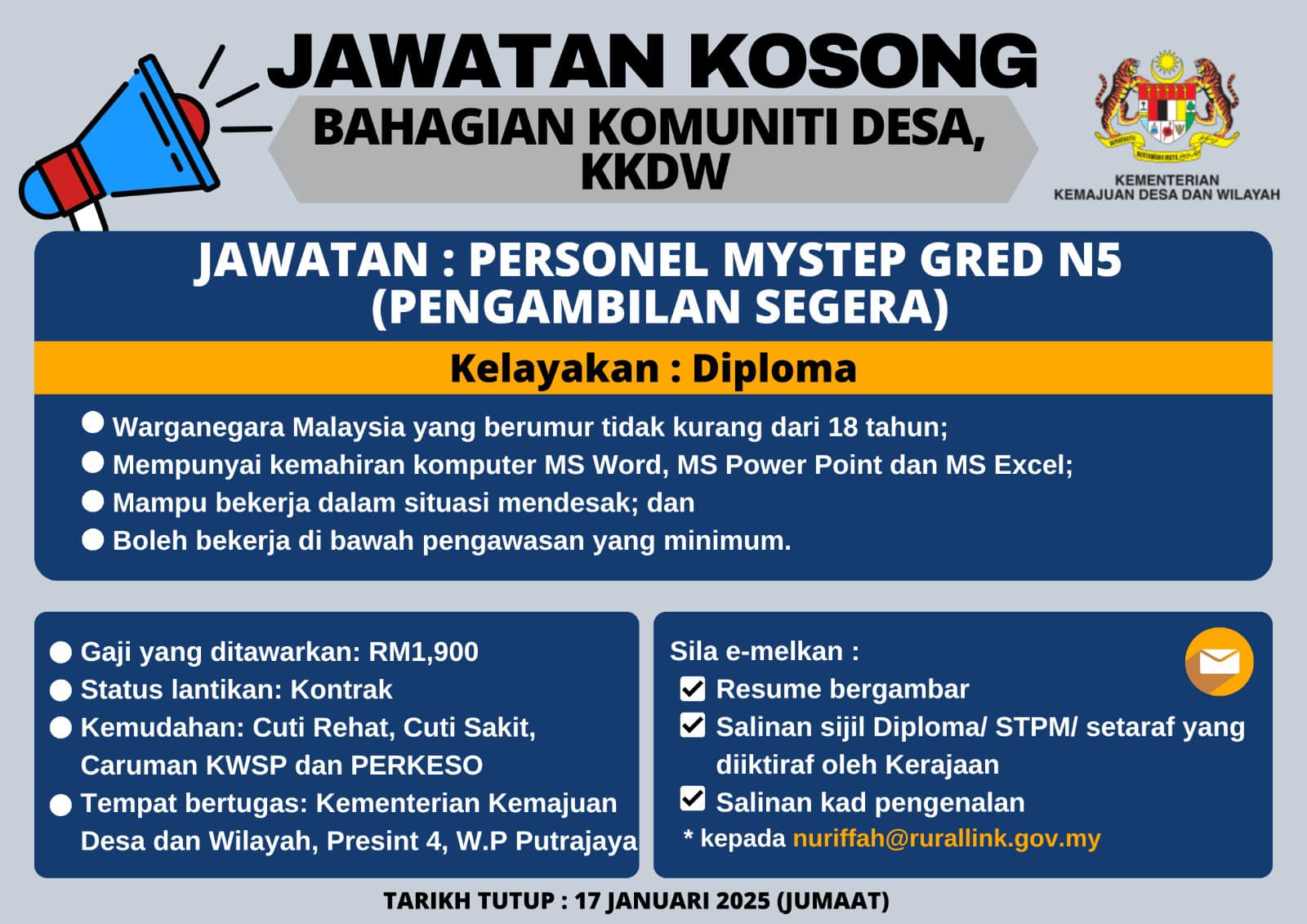 Iklan Jawatan Kementerian Kemajuan Desa & Wilayah (KKDW) • Kerja Kosong ...