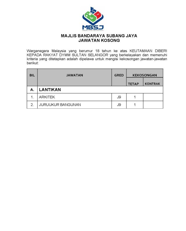 Iklan Jawatan Majlis Bandaraya Subang Jaya (MBSJ) • Kerja Kosong ...