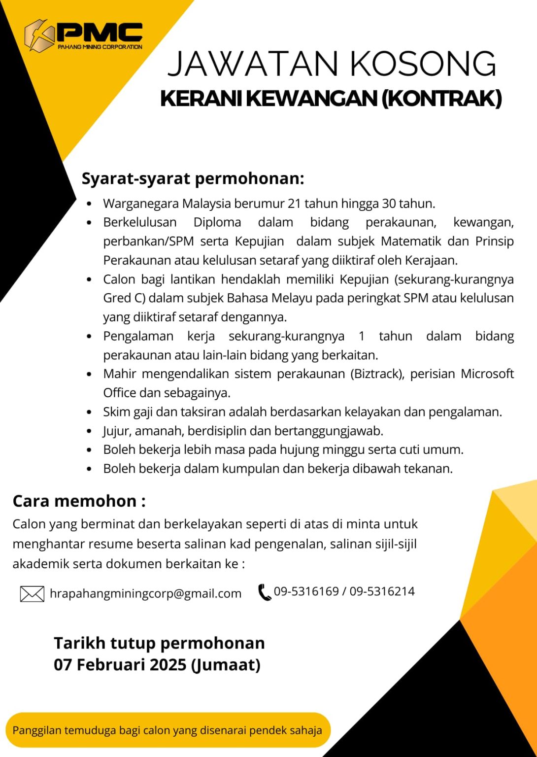 Iklan Jawatan Pahang Mining Corporation • Kerja Kosong Kerajaan & Swasta