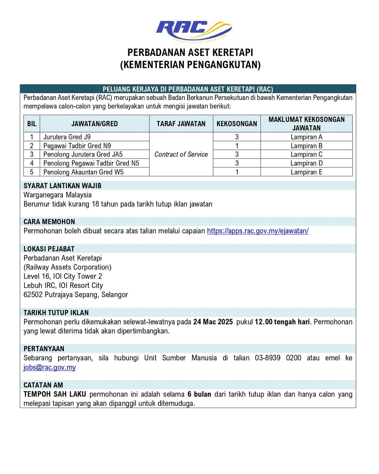 Iklan Jawatan Perbadanan Aset Keretapi (RAC) • Kerja Kosong Kerajaan & Swasta