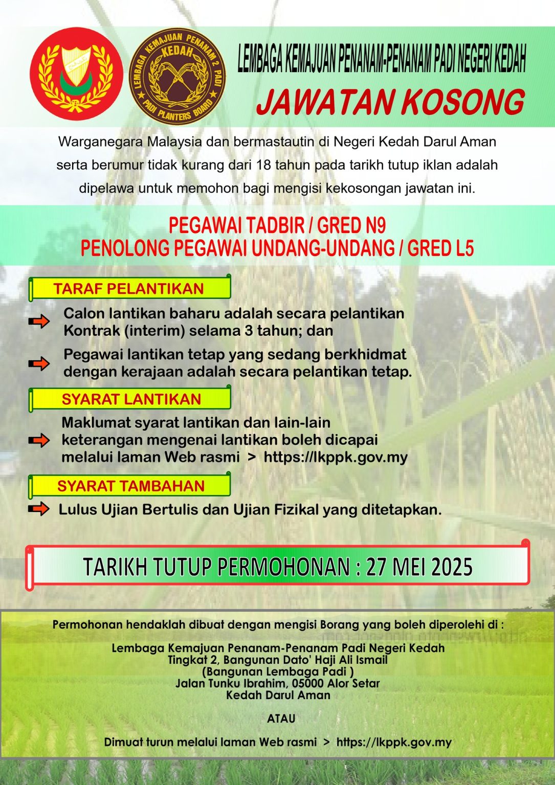 Iklan Jawatan Lembaga Kemajuan Penanam-Penanam Padi Kedah • Kerja ...