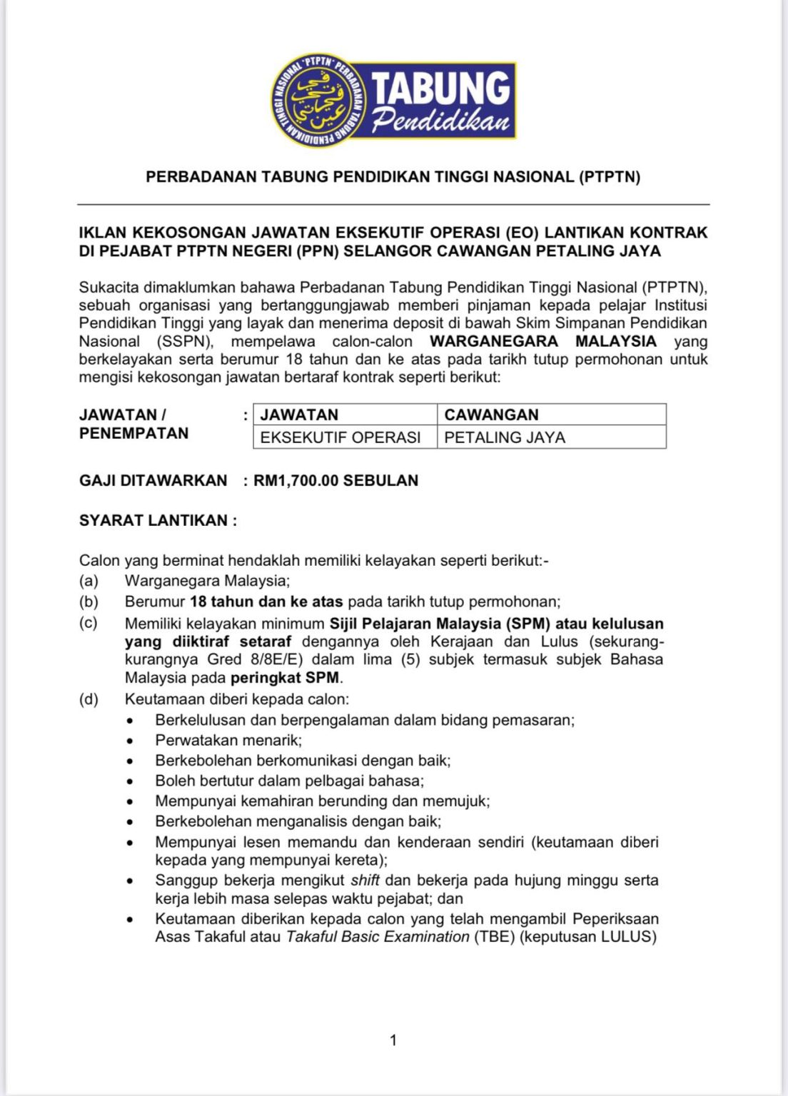 Iklan Jawatan Perbadanan Tabung Pendidikan Tinggi Nasional (PTPTN ...