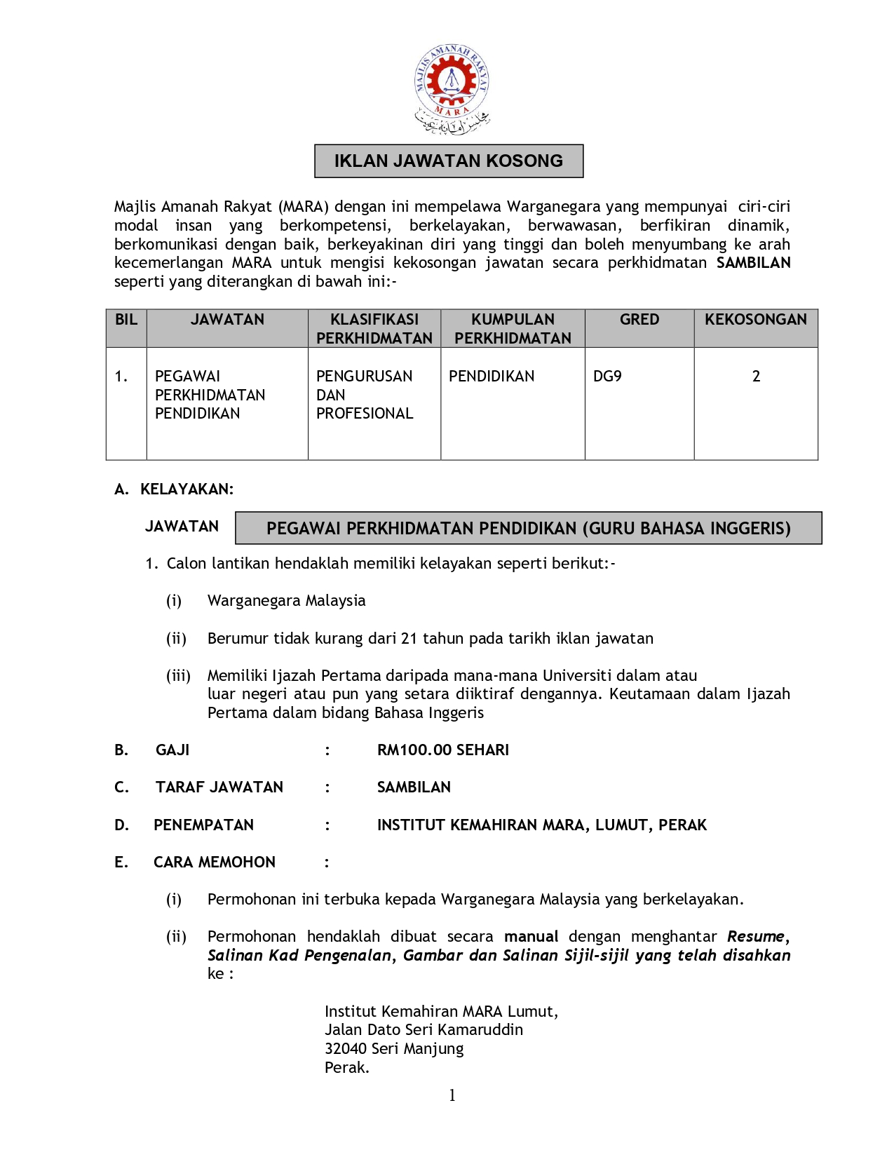 Iklan Jawatan Institut Kemahiran Mara (IKM) • Kerja Kosong Kerajaan ...