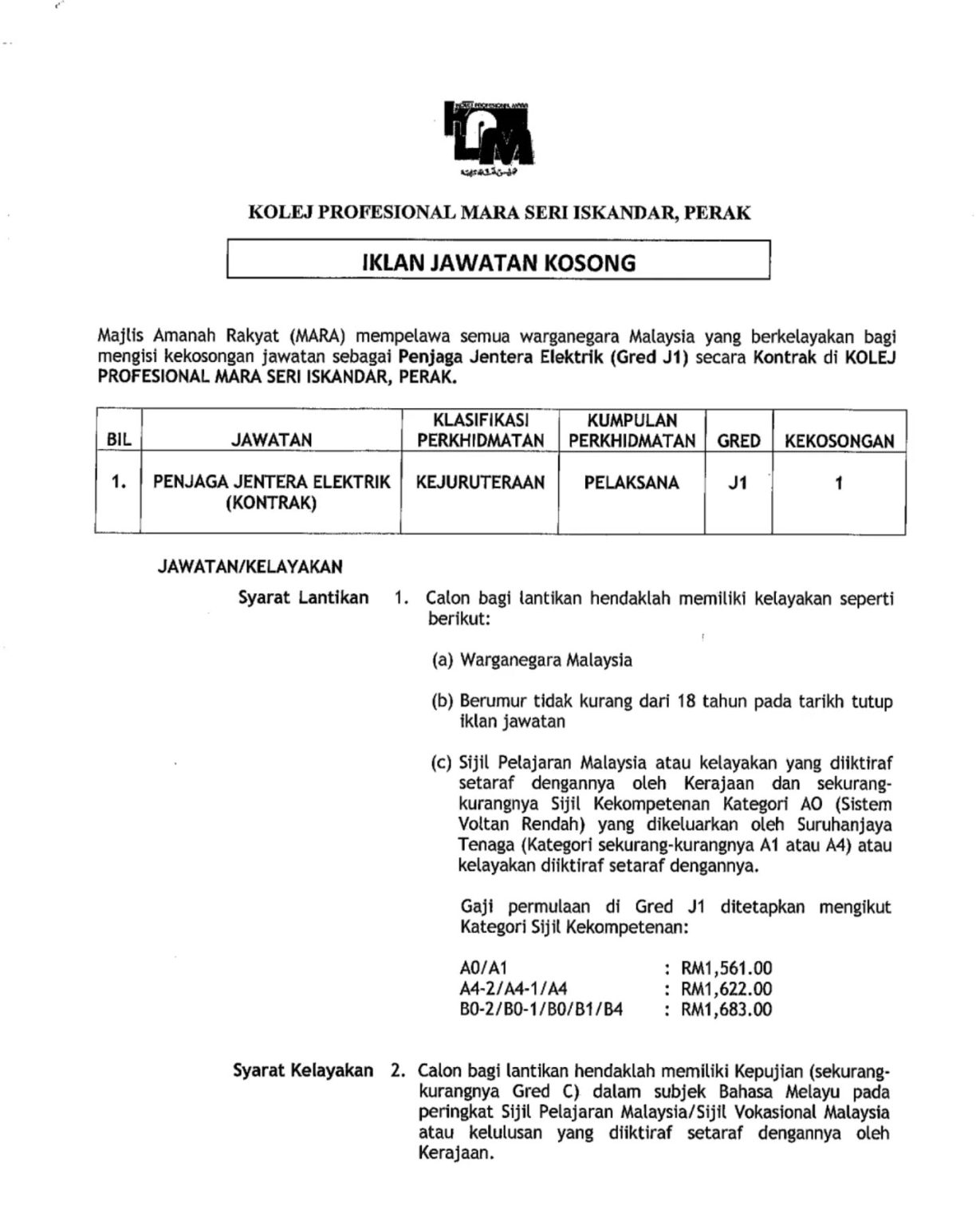 Iklan Jawatan Kolej Profesional MARA Seri Iskandar • Kerja Kosong ...
