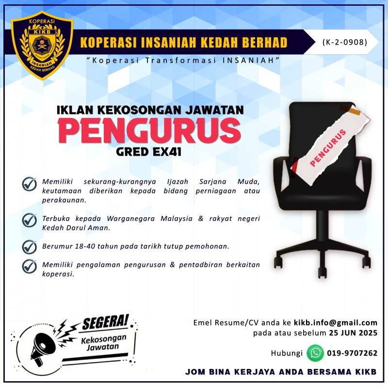 Iklan Jawatan Koperasi INSANIAH Kedah Berhad (KIKB) • Kerja Kosong Kerajaan & Swasta