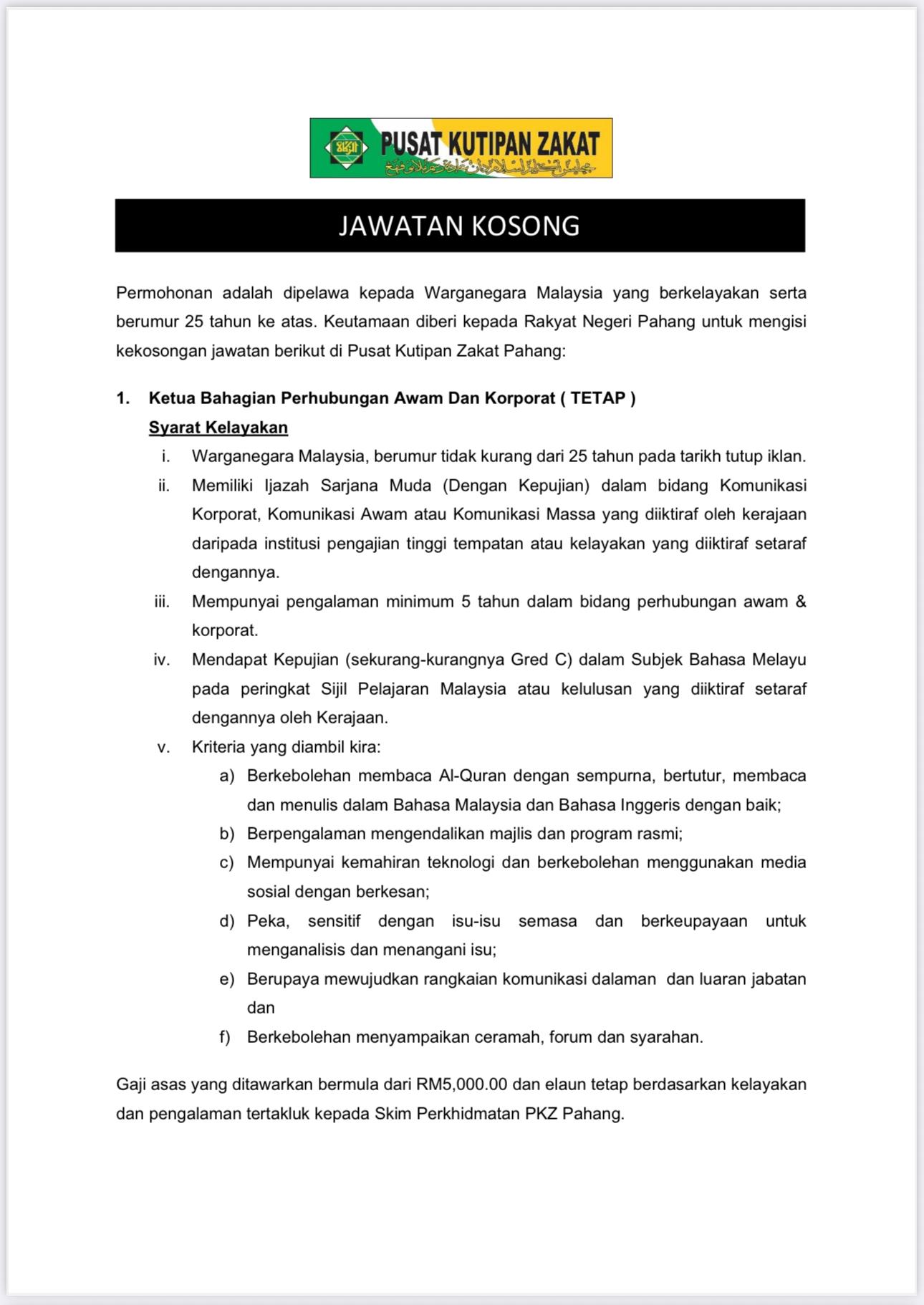 Iklan Jawatan Pusat Kutipan Zakat Pahang • Kerja Kosong Kerajaan & Swasta