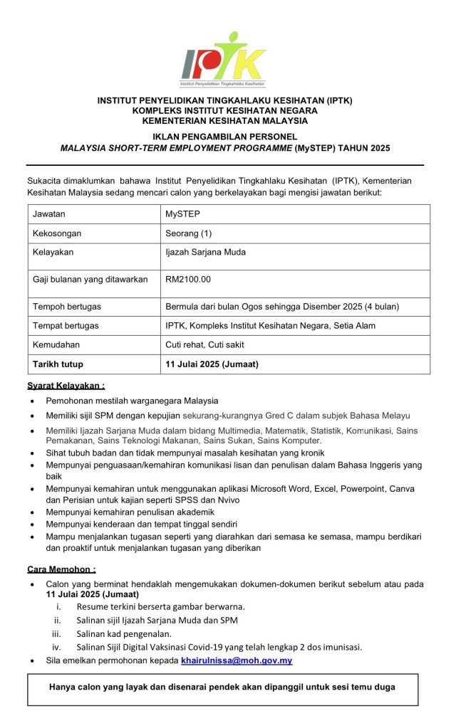 Iklan Jawatan Institut Kesihatan Negara (IKN) • Kerja Kosong Kerajaan ...