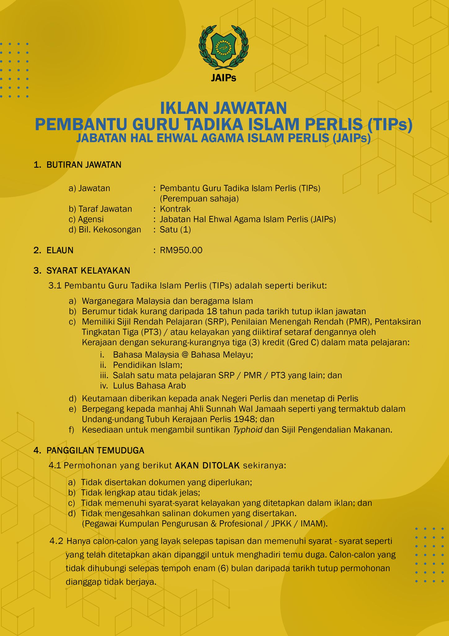 Iklan Jawatan Jabatan Hal Ehwal Agama Islam Perlis (JAIPs) • Kerja ...