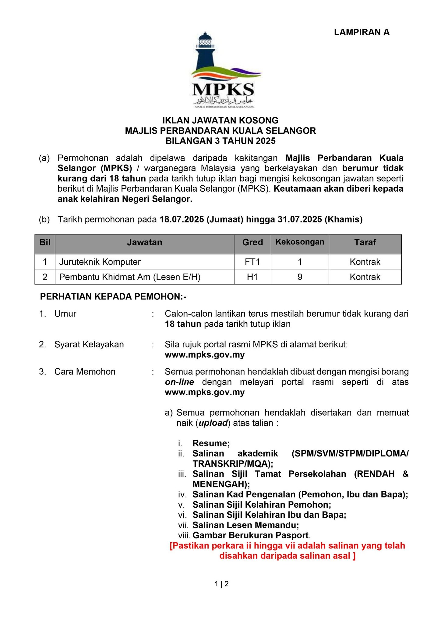 Iklan Jawatan Majlis Perbandaran Kuala Selangor (MPKS) • Kerja Kosong ...