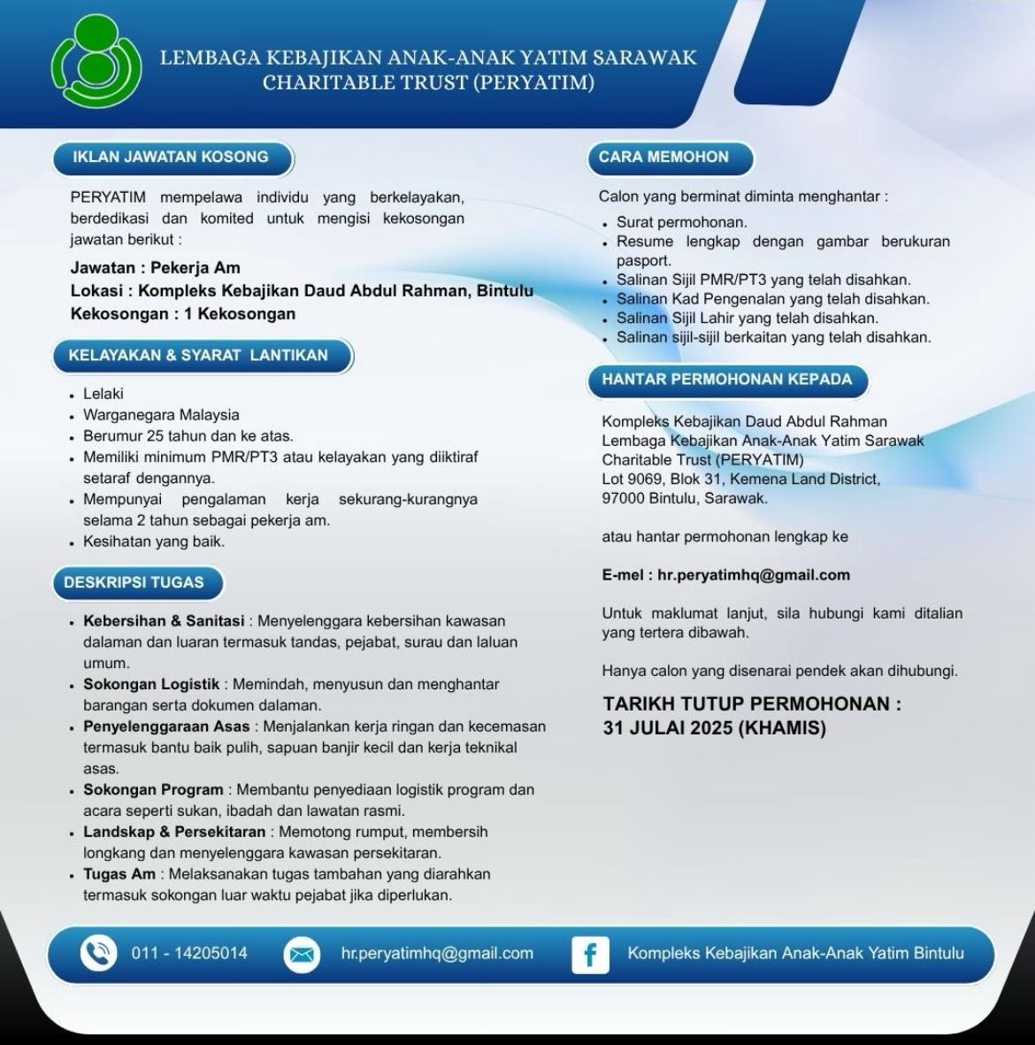 Iklan Jawatan Lembaga Kebajikan Anak-Anak Yatim Sarawak (PERYATIM ...