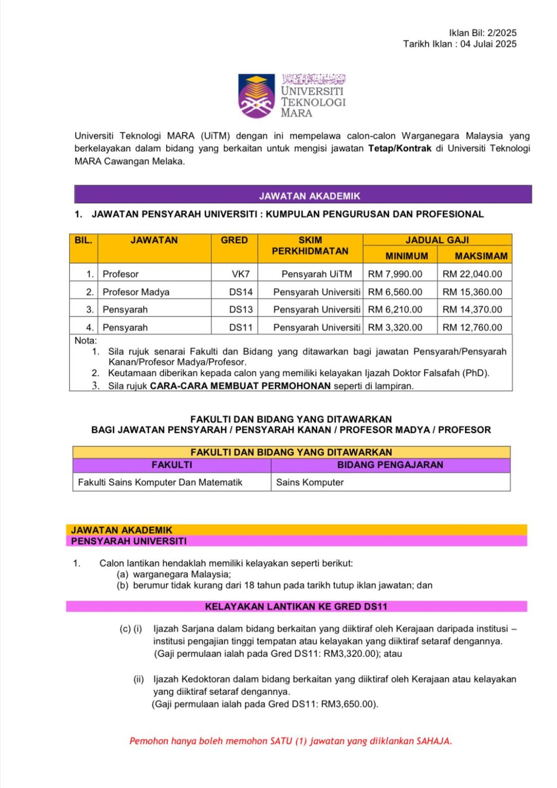Iklan Jawatan Universiti Teknologi Mara (UiTM) Melaka • Kerja Kosong ...