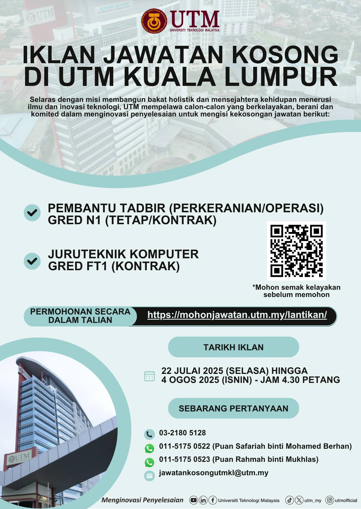 Iklan Jawatan Universiti Teknologi Malaysia (UTM) • Kerja Kosong ...