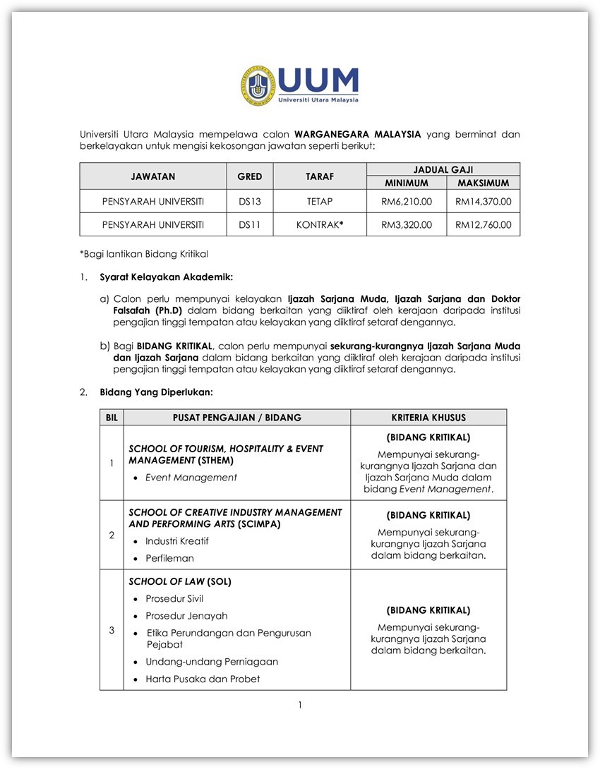 Iklan Jawatan Universiti Utara Malaysia (UUM) • Kerja Kosong Kerajaan & Swasta