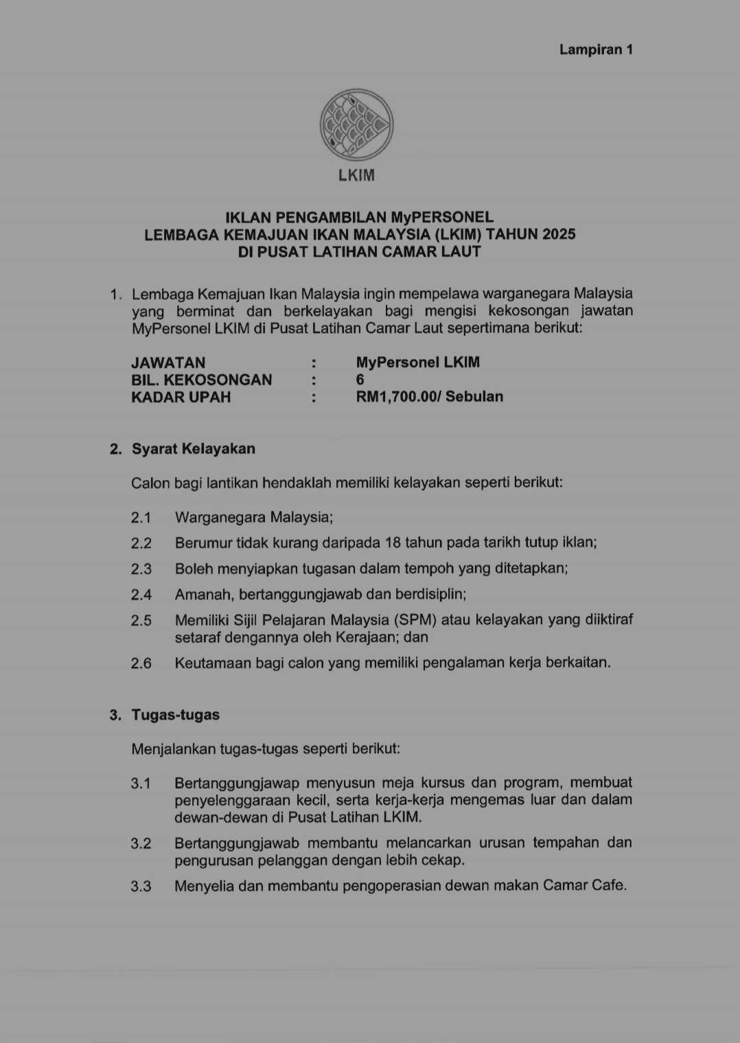 Iklan Jawatan Lembaga Kemajuan Ikan Malaysia (LKIM) • Kerja Kosong ...