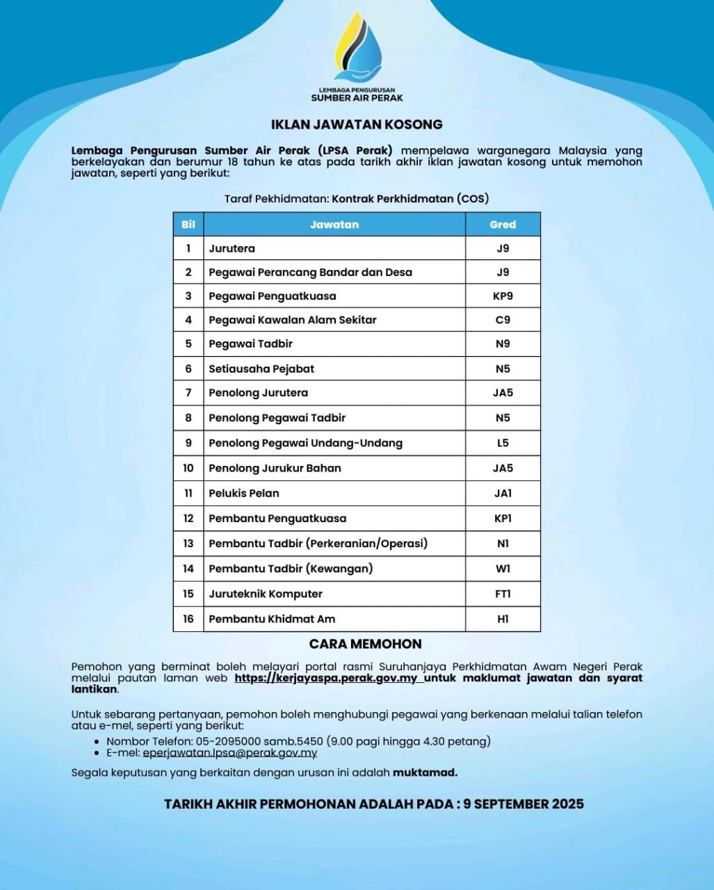 Iklan Jawatan Lembaga Pengurusan Sumber Air Perak (LPSA Perak) • Kerja ...