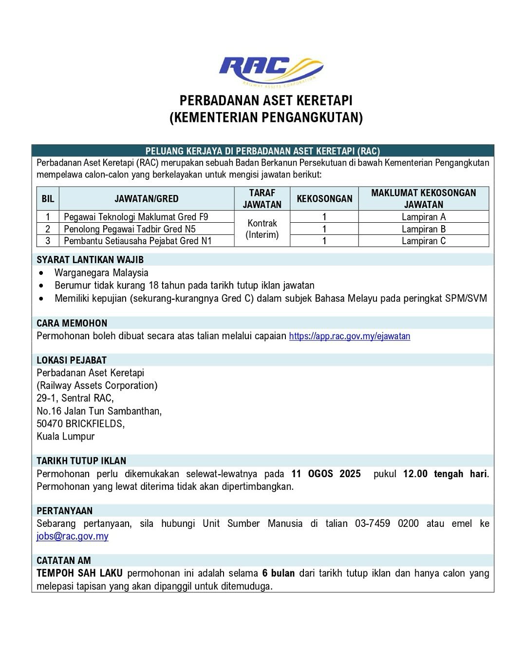 Iklan Jawatan Perbadanan Aset Keretapi (RAC) • Kerja Kosong Kerajaan & Swasta