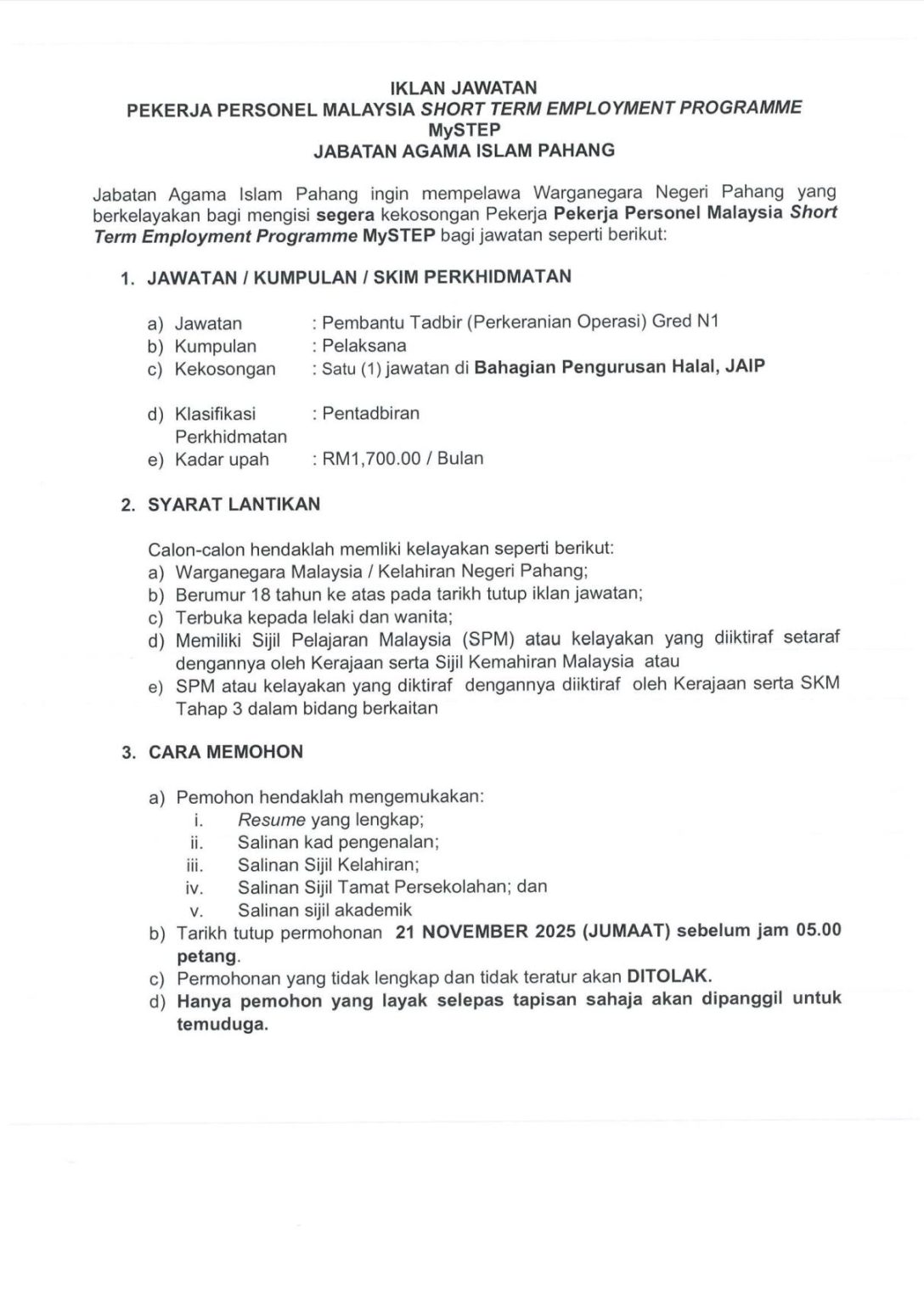 Iklan Jawatan Jabatan Agama Islam Negeri Pahang (JAIP) • Kerja Kosong ...