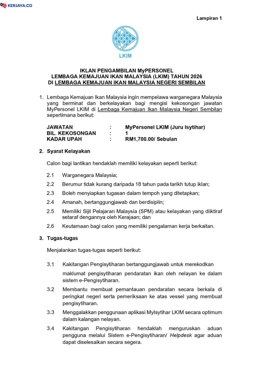 Iklan Jawatan Lembaga Kemajuan Ikan Malaysia (LKIM) • Kerja Kosong ...