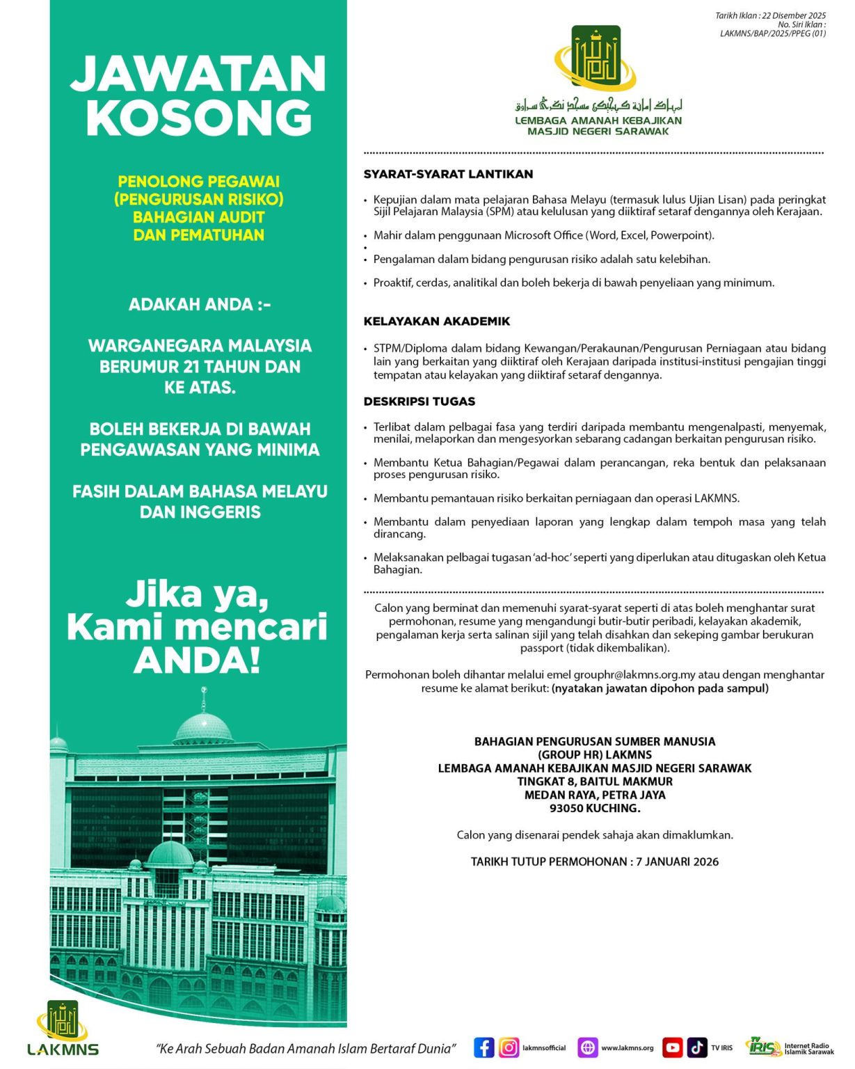 Iklan Jawatan Lembaga Amanah Kebajikan Masjid Negeri Sarawak Kerja