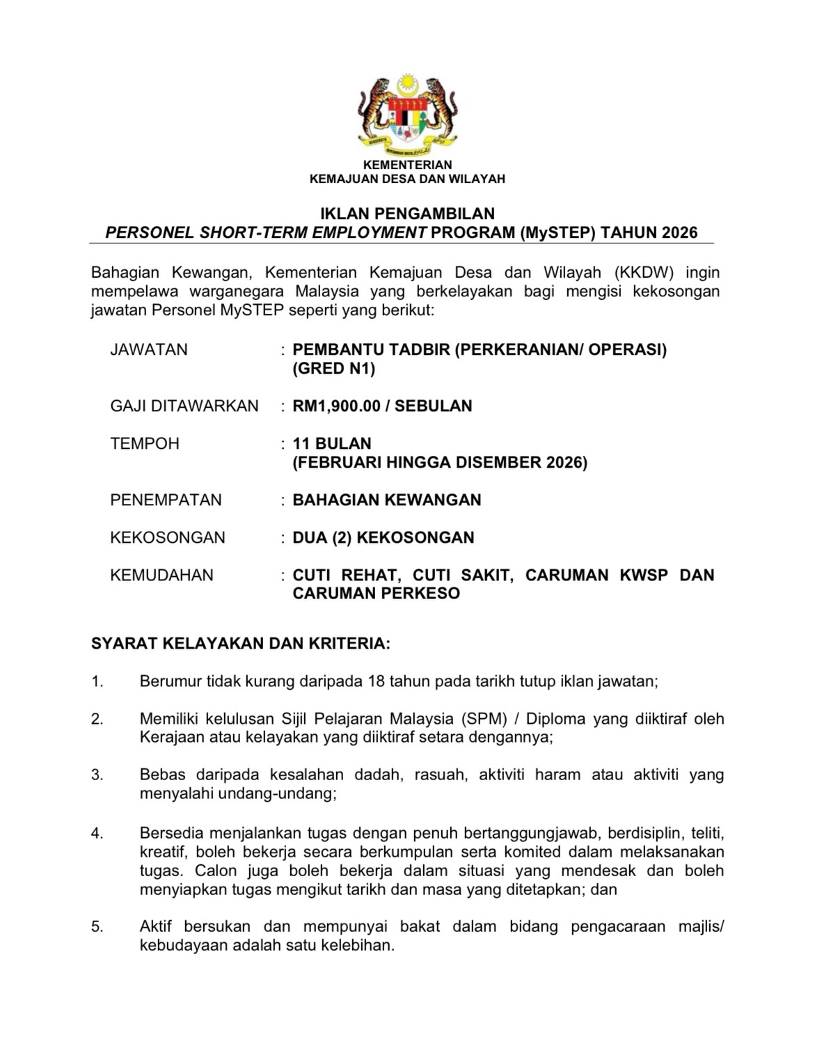 Iklan Jawatan Kementerian Kemajuan Desa & Wilayah • Kerja Kosong ...