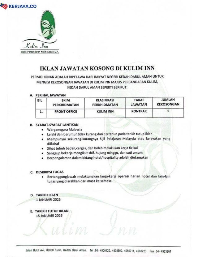 Iklan Jawatan Kulim Inn • Kerja Kosong Kerajaan & Swasta